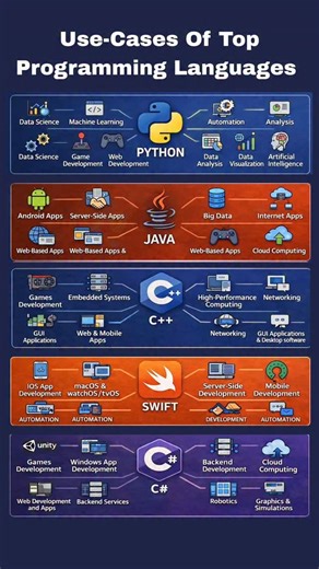 Prashant Kumar on Instagram: "exploring the use-cases of top programming languages Discover how the world’s most popular programming languages power modern technology. From data science and artificial intelligence to mobile apps, cloud computing, and game development, each language has its unique strengths and real-world applications. 🐍 python – data science, machine learning, automation, ai, web development ☕ java – android apps, enterprise systems, cloud computing, big data ⚙️ c++ – game engi