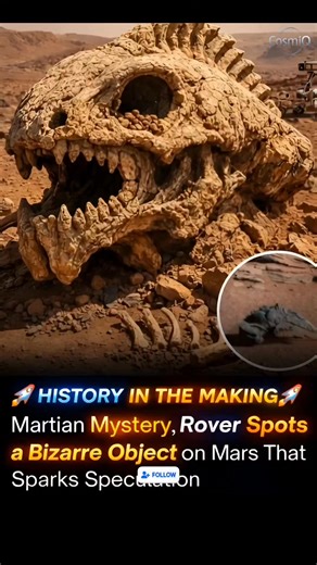 🚀🟥 HISTORY IN THE MAKING 🟥🚀 A Mars rover has captured an image that’s sending the internet into a frenzy. The object appears skull-like at first glance, sparking wild theories about ancient life on Mars. 🦴👀 But scientists say it’s most likely a natural rock formation, shaped over millions of years by erosion, wind, and extreme temperature changes on the Red Planet. Mars is famous for creating optical illusions that resemble familiar shapes — faces, bones, and structures — pushing our imagi