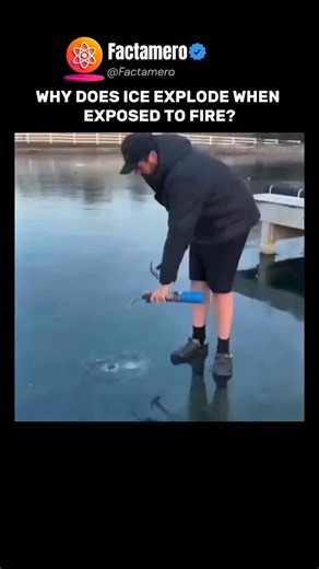 Factamero_ on Instagram: "The video shows a man widening a hole in frozen lake ice when a sudden eruption shoots upward. The reason is methane gas trapped beneath the ice, unable to escape through the frozen surface. Once the ice breaks, the gas rapidly expands and ignites when it meets open flame. This phenomenon is commonly observed in frozen lakes and permafrost regions. More fascinating facts — @factamero Video author unknown. If you are the author or rights holder, please contact us for cre