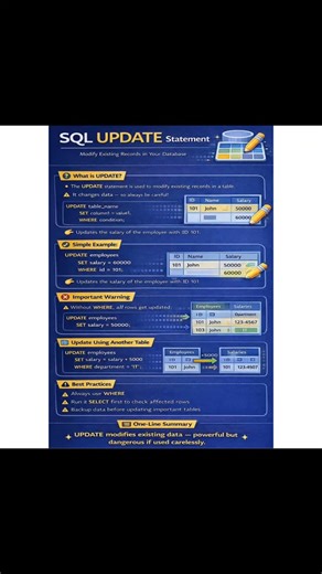 POWER BI on Instagram: "The SQL UPDATE statement is used to modify existing records in a table. Always use a WHERE clause to avoid updating all rows ⚠️ #insta #techreels #viralreels #sql #instadaily"