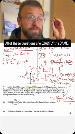 DanDoesMaths | A-Level Maths Expert on Instagram: "Connected particles questions are all identical! Step by step: 1. Get info from question 2. Draw diagram 3. Make F=ma for both particles 4. Solve simultaneously to find Tension and/or acceleration Any questions? Ask in the comments! 👇 #alevelmaths #alevels #mechanics #mathstips"