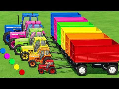 Mini to BIG POWER Tractors and OVERLOAD TRAILER VS HARD MUDDY PARKOUR with TESLA TRUCKS - FS22