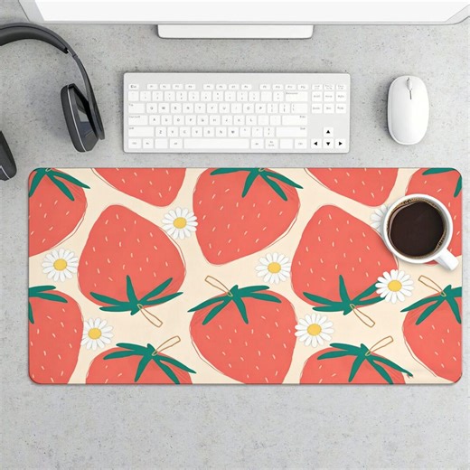Strawberry Daisy Pattern Mouse Pad | Kawaii Cottagecore Desk Mat - Etsy