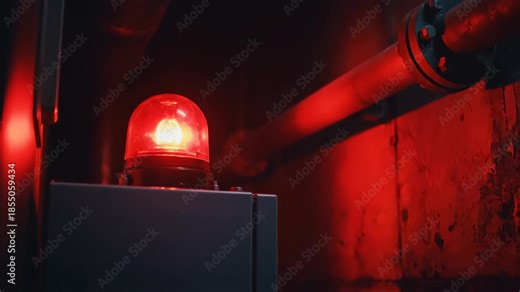Flashing red alarm light rotating on an industrial control box. Emergency warning beacon signaling danger in a dark gritty basement. Security alert and safety concept