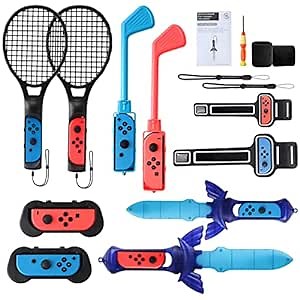 12 in 1 Switch Sports Accessories Kits For Nintendo Switch & OLED Games, 2022 Game Accessories Bundle for Switch Joy-Con, Switch Sports Leg Strap, Mario Tennis Rackets, Glof Clubs, Wrist Straps, and Chambara Game Sword