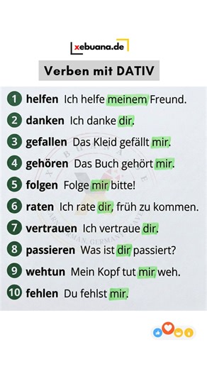 🇩🇪 Germa Lesson: Dative Verbs Some German verbs always take the dative case — not accusative. 📌 Fact: The person affected by the action appears in dative (mir, dir, ihm, ihr, uns, euch, ihnen) 💡 Tip: If English would use “to someone,” German usually uses dative. These verbs are very common in everyday speech, so mastering them will make your German sound much more natural. #germanlanguage #german #deutsch #germanlearning #studygerman #germancourse #GermanVocabulary #LanguageLearning #xebuana