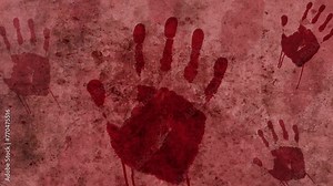Horror Red Handprints on a Gruch Background. Blood on hand dripping