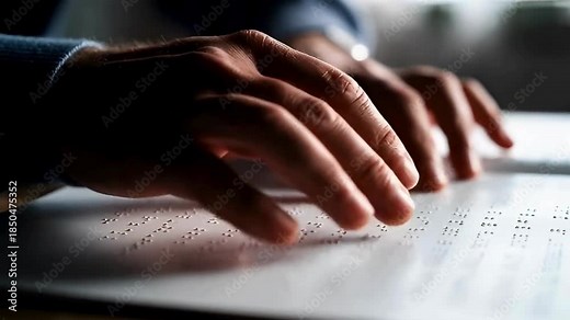 Person's fingers reading braille text page with light coming through window in home setting, tactile reading skills accessibility literacy resource