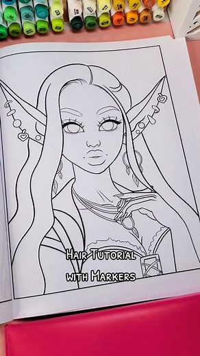 Hair Tutorial using dry markers for the highlights. The Fantasy Girls Coloring Book @Jos Creates Co. #coloringbook #coloring #adultcoloringbook #colouring #tutorial #markertutorial #alcoholmarkers #ohuhu #coloringtutorial