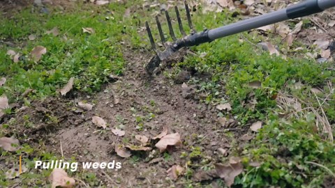 Suchtale 82 Inch Stirrup Hoe and 5-Tines Rake, Action Hoe for Weeding, 2 in 1 Scuffle Hoe with 37-82" Adjustable Handle, Cultivator for Loosening Soil, Loop Hoe for Garden Weeding and Planting