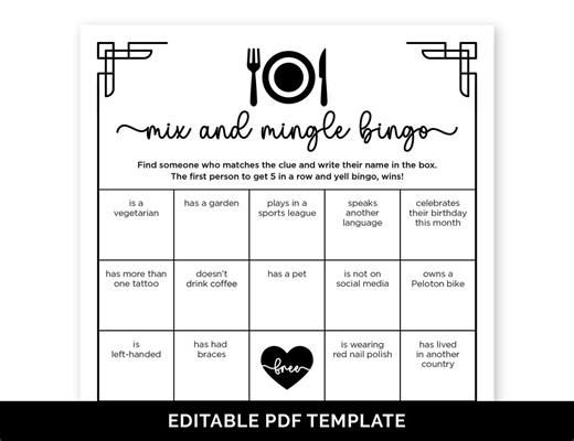 Editable Dinner Party Mix & Mingle Bingo, Dinner Party Icebreaker Game, Find the Guest Bingo for a Work Dinner, Find Someone Who Human Bingo - Etsy