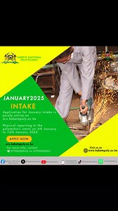 4.7K views · 46 reactions | Application for January intake is purely online on mis.kabetepoly.ac.ke Physical reporting to the Polytechnic starts on 6th-13th January. Continuing students resume their classes on 13th January. | Kabete National Polytechnic | Facebook