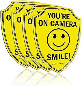 Faittoo Smile You're On Camera Sign, Video Surveillance Signs Outdoor, 4-Pack, 9.6 x 6.8 Inch Reflective Aluminum Warning Sign for Home Business CCTV Security Camera, Weather Resistant, Shield Shape