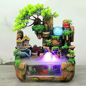 Tabletop Fountain, Indoor Small Desktop Waterfall Fountain with LED Ball Zen Meditation Simulation Resin Mini Mountain Water Fountain Home Gift Decor with Atomizer for Office Bedroom Relaxation