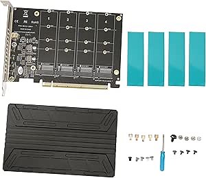 Quad M.2 NVMe PCIe Adapter, High Speed 4x32Gbps M.2 NVME to PCIe 3.0 4.0 Adapter, SSD to PCIe Expansion Card with Aluminum Heatsink, Support 2230 2242 2260 2280 SSD