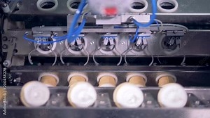 Ice-cream production line. Ice cream in cups, cone moving on an ice cream factory conveyor.