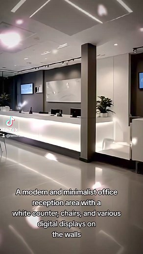 A modern and minimalist office reception area with a white counter, chairs, and various digital displays on the walls | Reno Vation | Facebook