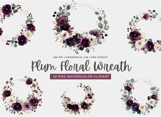 Plum Watercolor Floral Wreath Clipart, Purple Floral Wreath, Floral Wreaths PNG Clipart - Etsy