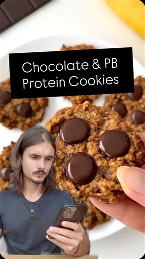 Miguel Mendes on Instagram: "Chocolate Peanut Butter Cookies? I’m in. Original Recipe: Ingredients (2 servings): 2 mashed bananas 1/2 cup unsweetened peanut butter (120g) 1 cup (gluten-free oats) (~80g) 1/4 cup 80% dark chocolate chips / chunks (60 ml / 40 g) 1.Mix the mashed bananas, peanut butter and oats together 2. Scoop the cookies on a baking pan lined with parchment paper. Add the chocolate chips / chunks on top 3. Bake at 180 Celsius degrees (350 in Fahrenheit) for 10-12 minutes Credit t
