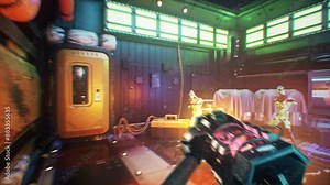 Winning the computer game level by killing the target on a futuristic sci-fi map. Gamer winning the shooter simulator level challenge. Shooting at the level boss enemy to win the digital game.