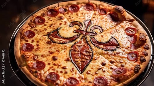 Fleur-de-lis pizza design referencing Mardi Gras symbolism, made with pepperoni and black olives.