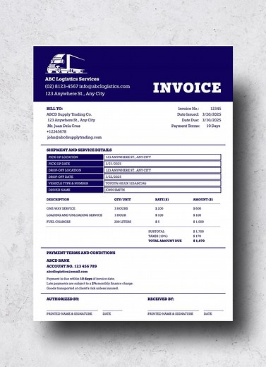 Trucking & Logistics Invoice Template | Editable Canva Invoice for Transportation, Freight, and Delivery Businesses - Etsy