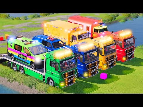DACIA, MCQUEEN CAR, FORD POLICE CARS, AMBULANCE EMERGENCY TRANSPORTING WITH TRUCKS ! FS22 #16