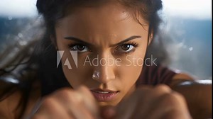 An athletic Hispanic woman with arms extended and straining in an arm wrestling match her face in an intense closeup and the background out of focus to highlight her effort.