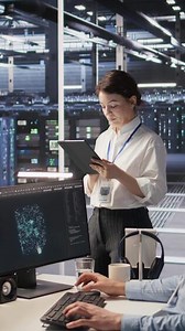 Vertical Data center team of technicians working on neural network software development. Server hub colleagues implementing deep learning artificial intelligence technology in workplace, camera A