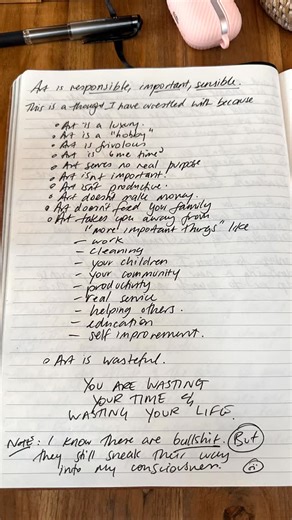 A combination of @inspiredtowrite and @elizabeth_gilbert_writer influences in my journal today. After completing Amie’s prompt from her book “We Need Your Art” uncovered quite a few sneaky beliefs around creativity (ie: it’s a luxury, it’s wasteful, it serves no real purpose, it’s selfish, there are more important things to do) came up, even though I’ve worked through these outdated bullshit beliefs time and time again - it was revealing to see them on paper. I then used Liz”s prompt to invite t