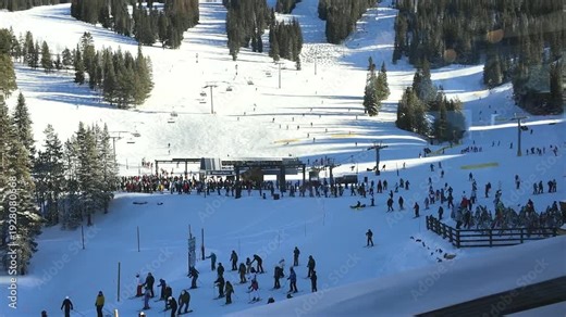 People of all ages skiing and snowboarding in Vail, Colorado. 4K window seat view from LOOK MA bar and restaurant in Mid Vail Village.
