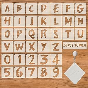 36pc Reusable Letter Stencils - Numbers & Alphabet, Spray Painting, Wood, Wall, Fabric, Rock, Chalkboard, Signage (10 inch, Cursive)
