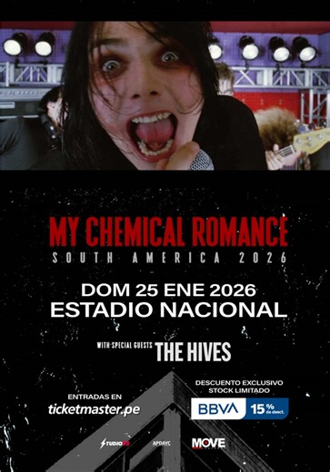 ¡MY CHEMICAL ROMANCE llega por primera vez a Lima en el concierto más esperado del 2026! 🤘🏼🤯 25 de Enero Estadio Nacional Entradas en Ticketmaster.pe (web y presencial) 15% DSCTO con tarjetas BBVA #MyChemicalRomance en Lima Artista Internacional Invitado: @TheHives Es una experiencia Move Concerts