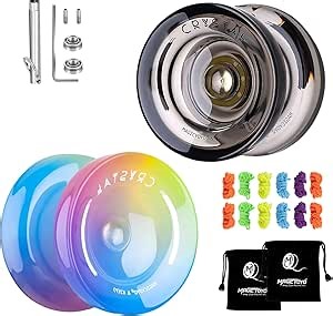 MAGICYOYO K2 Crystal Pack of 2 Yoyos, Dual Function Responsive Yoyo for Kids Beginner + Unresponsive Yo-yo Bearing Kit for Adults+12 Yo-yo Strings+2 Bags( Crystal Black+Blue Pink Yellow)