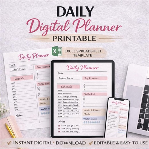All in One Digital Planner |editable Daily Planner Excel A4 Printable | 24 Hour Schedule, to Do List, Budget & Water Tracker - Etsy