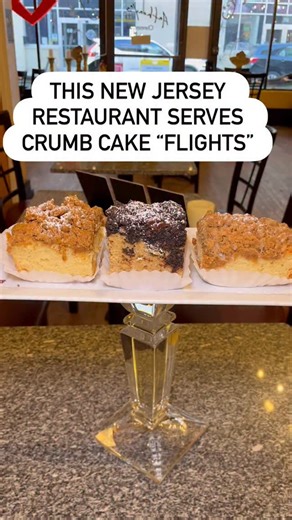This New Jersey restaurant serves CRUMB CAKE FLIGHTS🧁🍰🎂‼️ So you can try three flavors of freshly-made crumb cake at once. The restaurant is called @anthonyscheesecake, and some cake varieties to choose from include: - original - blueberry cheesecake - espresso chip - biscoff cookie butter (amazing) - banana pecan And/or whatever else Anthony chooses to make that day (in the past, I — food writer @karanicolev — have seen caramel apple, devil’s food chocolate, raspberry and more). If you love 