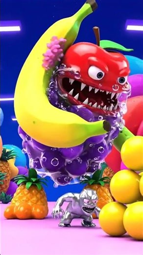 A scared silver cartoon frog creature is chased by a variety of angry fruit monsters in a vibrant