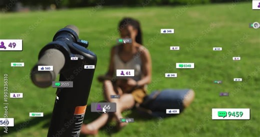 Woman tapping tablet creating social media metrics and cursor, lens shifting focus from handlebar