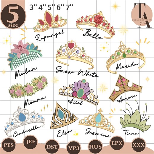 Princess Tiara Crown Embroidery Design Bundle, Rapunzel Belle Snow White Cinderella Ariel Pattern, Girl Machine Embroidery File - Etsy