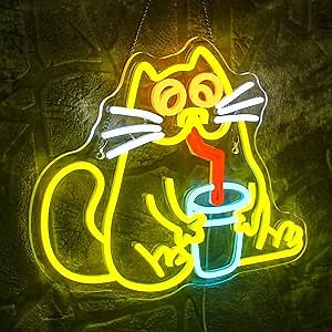 WLHOPE Cat Neon Sign Drink Cat Neon Signs Bar Neon Signs for Wall Decor,Funny Cat Neon Light Signs Anime Neon Signs Yellow Cat Led Signs for Bedroom Home Bar Party Game Room Cat Lover Gifts