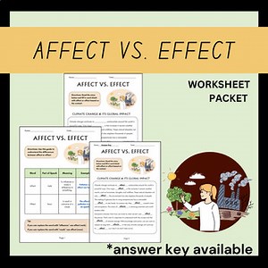 Affect vs Effect Homophones ELA Grammar Worksheet Packet for Grade 7