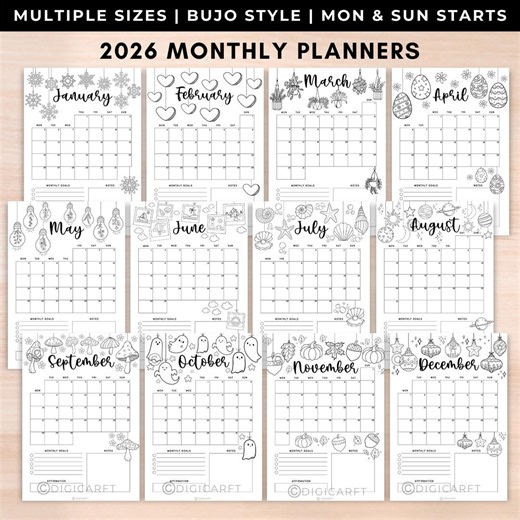 2026 Monthly Planner With Notes Printable,12 Monthly Planner Inserts,monthly Calendar 2026 to Print Pdf A5,bullet Journal Spreads,bujo Pages - Etsy