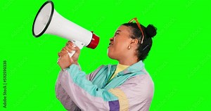 Green screen megaphone, scream or angry woman in protest of human rights, government democracy vote or justice change. Announcement speech, chromakey or female voice with speaker on studio background