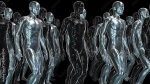 Geometric laser human figures walking. Seamless metal retro futuristic animation