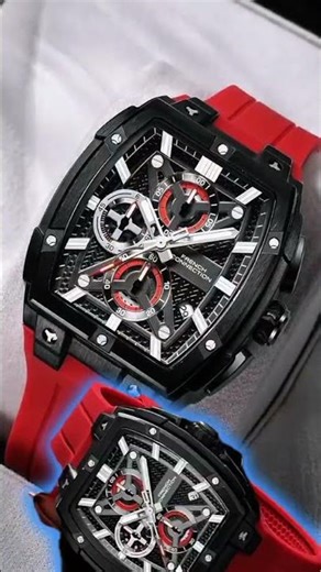 French Connection Exedra | Tonneau Chronograph | Black Dial | Red Silicone Strap | Watch for Men