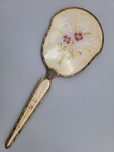 Exquisite Vintage Embroidered Hand Mirror - Petite Point Floral Embroidery - Gold-tone Ornate Frame With Black Scroll Detail - Etsy