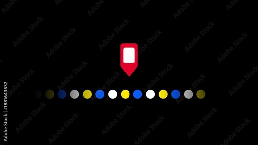 A series of small dots in various colors like blue and yellow are arranged horizontally with a red marker pointing to a specific location to show progress or a timeline position