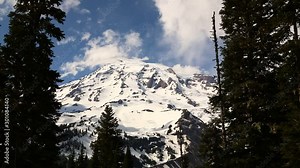 Snow-covered summit of Washington's Mt. Rainier, a dormant volcano in the Cascade Mountain Range, and part of the Pacific Ring of Fire.
