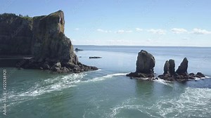 Flying over rushing tidal waters around the rocky outcrops of Cape Split, Nova Scotia.