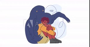 Boy with mental health problem. Moving banner with scared kid. Psychological trauma and disorder. Expression and emotion, mood. Sadness and depression. Cartoon flat animated graphics